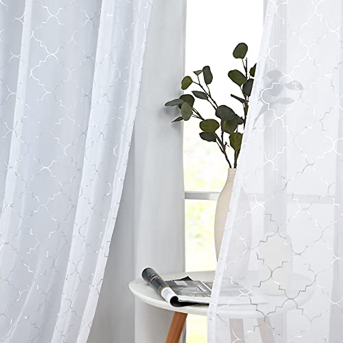 Enactex 4 Piece Curtains Set Mix and Match Geometric Silver Print Sheer & Velvet Room Darkening Blackout Drapes, 52''x 95'' Grommet Window Treatment for Bedroom Living Room, Greyish White