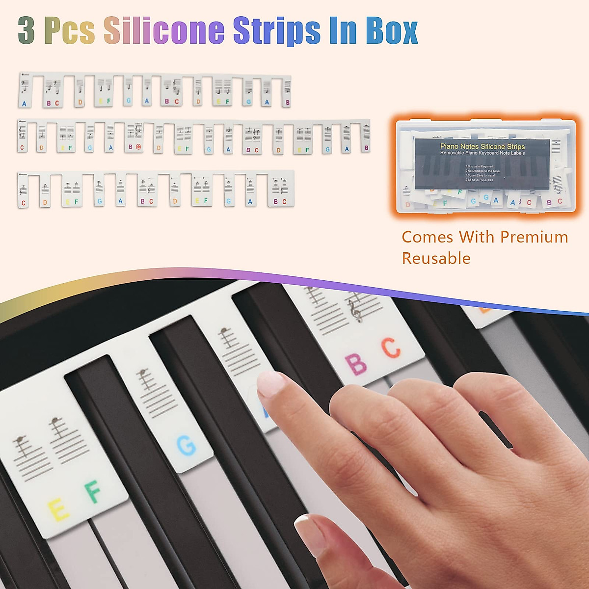 Removable Piano Keyboard Note Labels, 2 in 1 Silicone Piano Keyboard Stickers for Beginners Kids Learning, Full Size Keyboard 88 Keys, Double Staff Display Comes with Box