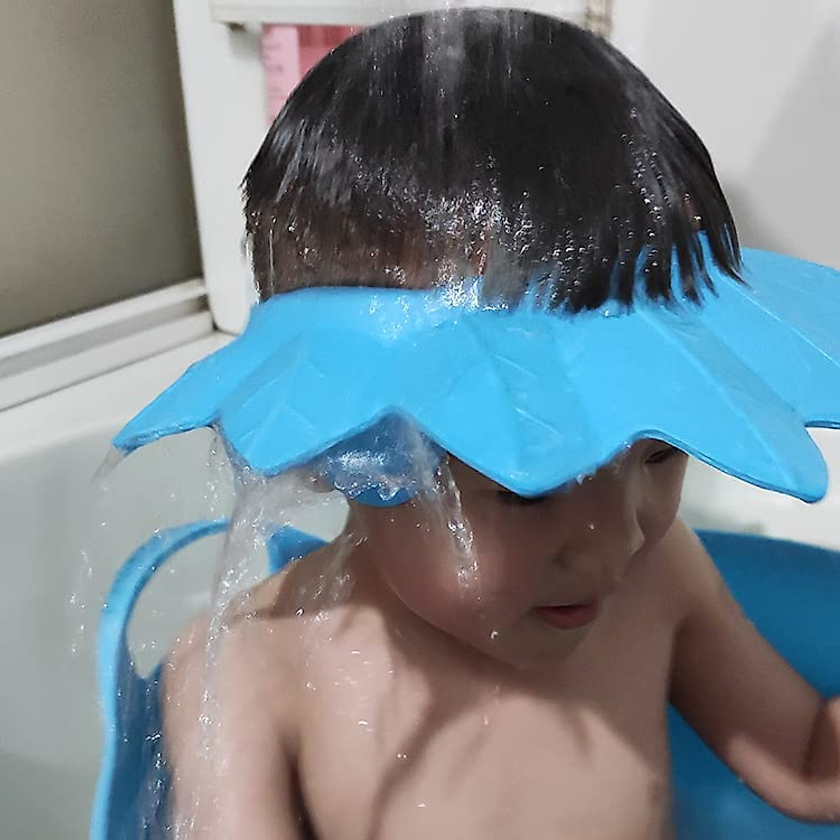 Baby Shower Cap for Washing Hair, Leaf Pattern Bath Hat for Ear & Eye Protection, Shampoo Visor Shield for Toddler Kids Child Infant (Blue), (908765)