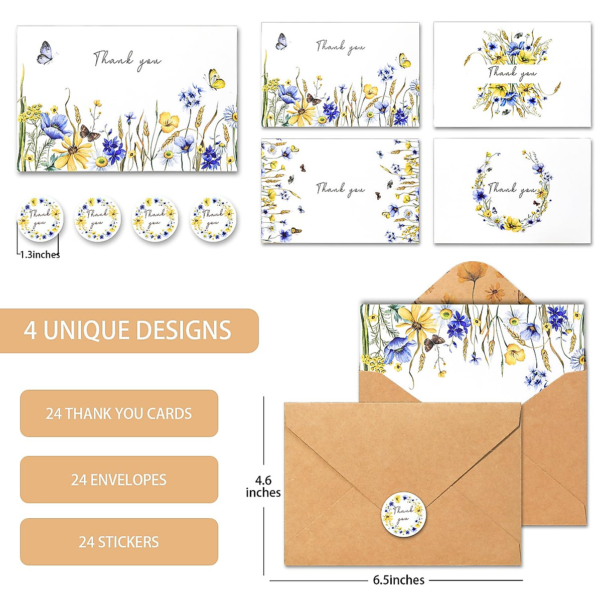 24 Pack Thank You Cards With Envelopes(4 Assorted),Wildflower Greeting Cards for Birthday Wedding Baby Shower Bridal Shower Small Business Party Supplies,Better Decorate Your Thank You Gifts