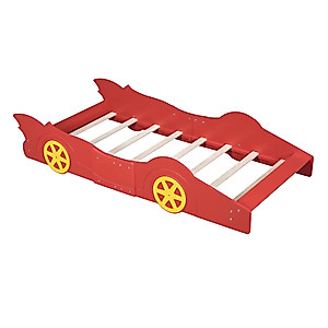 RORIGAT Twin Size Race Car-Shaped Platform Bed with Wheels,Wooden Loft Bed Frame,Cute Racing Bed for Kids Boys and Girls,Red