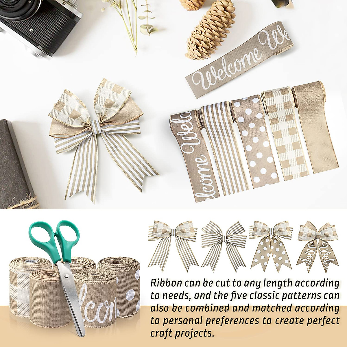 Mlurcu Farmhouse Ribbon Spring Wired Ribbon 2.5" Wide 25 Yds Wire Ribbons for Crafts Wreaths Bows Making Wedding Gift Wrapping Welcome Buffalo Plaid Polka Dot Stripe Solid Rustic Burlap Wired Ribbon