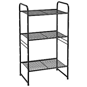 GEORIS 3-Tier Heavy Duty Wire Shelving Unit Storage Rack, Stackable Extendable Plant Stand Bathroom Organizer with Adjustable Shelf, Water Bottle Storage Holder, Black