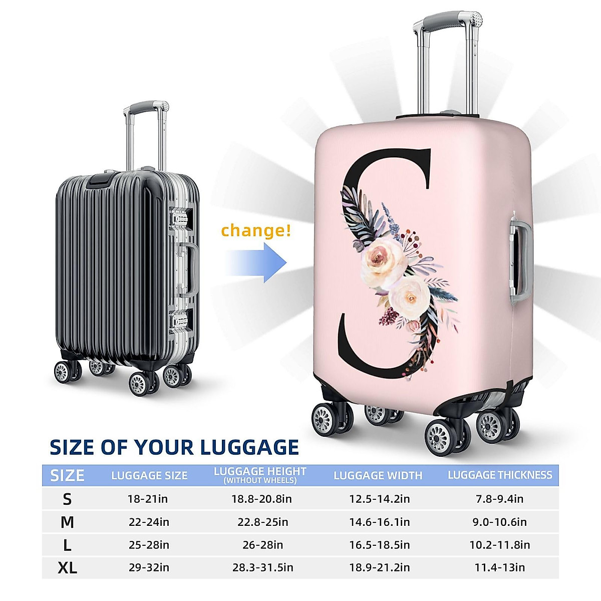 Elastic Travel Luggage Cover Cute Pink Suitcase Protector Bag,Black Letter S With Boho Floral Flowers Leaves Anti-Scratch,Dust-Proof Washable Suitcase Sleeve For Kid Adult,L (For 25-28 Inch Luggage)