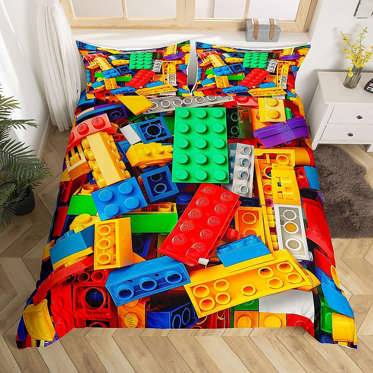 Erosebridal Building Blocks Duvet Cover Full, Colorful Bedding Set for Boys Girls, 3D Rainbow Construction Brick Comforter Cover Funny Geometric Rectangle Quilt Cover