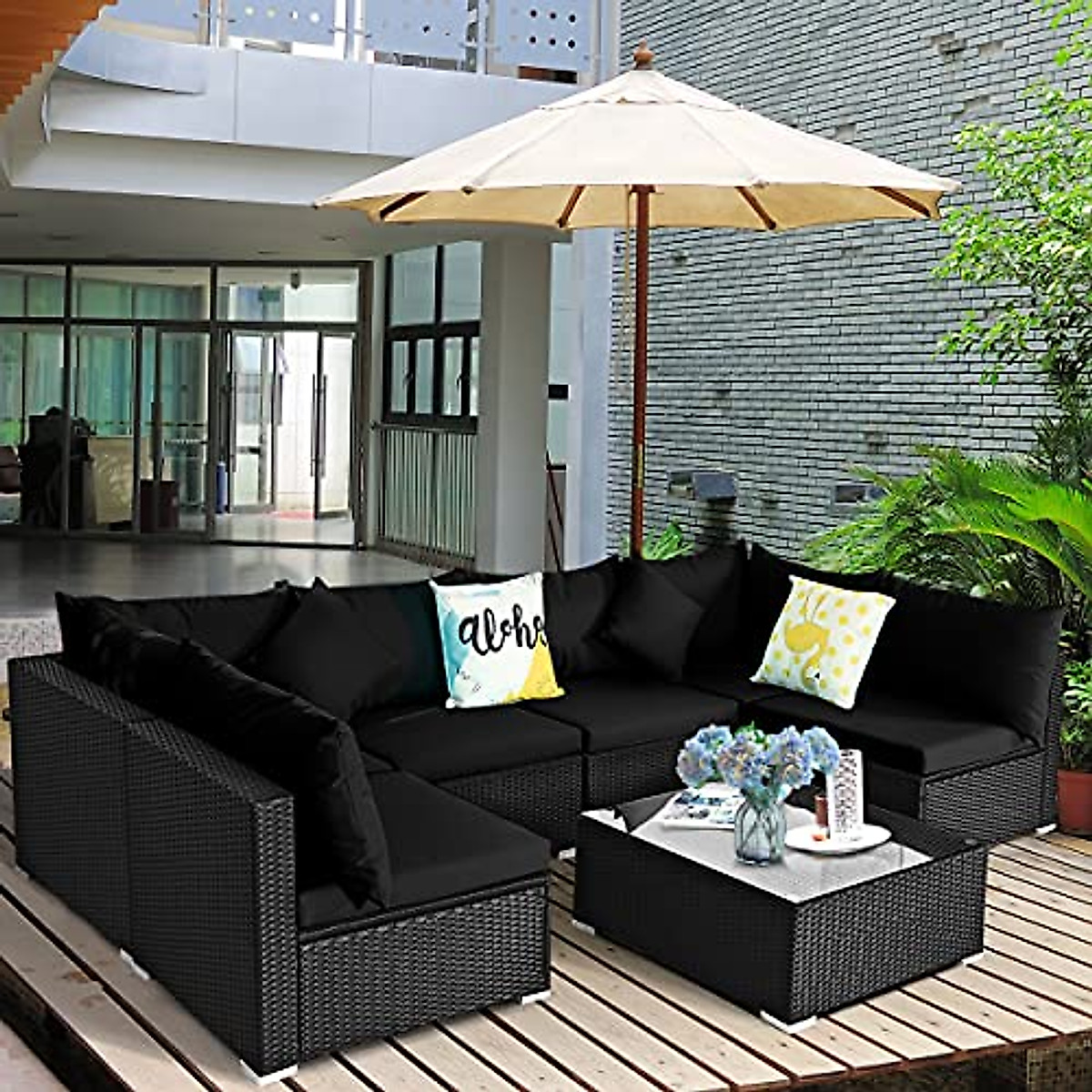 Tangkula 7 Piece Patio Furniture Set, Outdoor Sectional Sofa w/Pillows and Cushions, Wicker Sofa Conversation Set with Coffee Table, Patio Sofa and Tea Table Set for Garden, Lawn (Black)