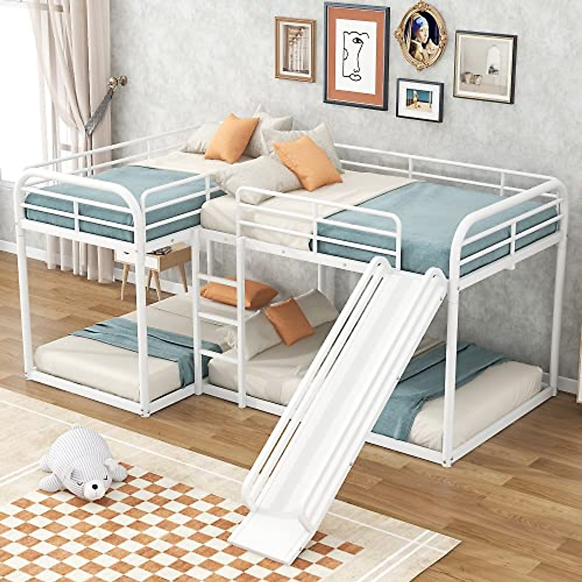 EOVTK L-Shaped Metal Bunk Bed for 4, Full and Twin Size Bunk Quad Bed Frame with Slide, Short Ladder and Safety Guardrail for Kids Teens Adults, White