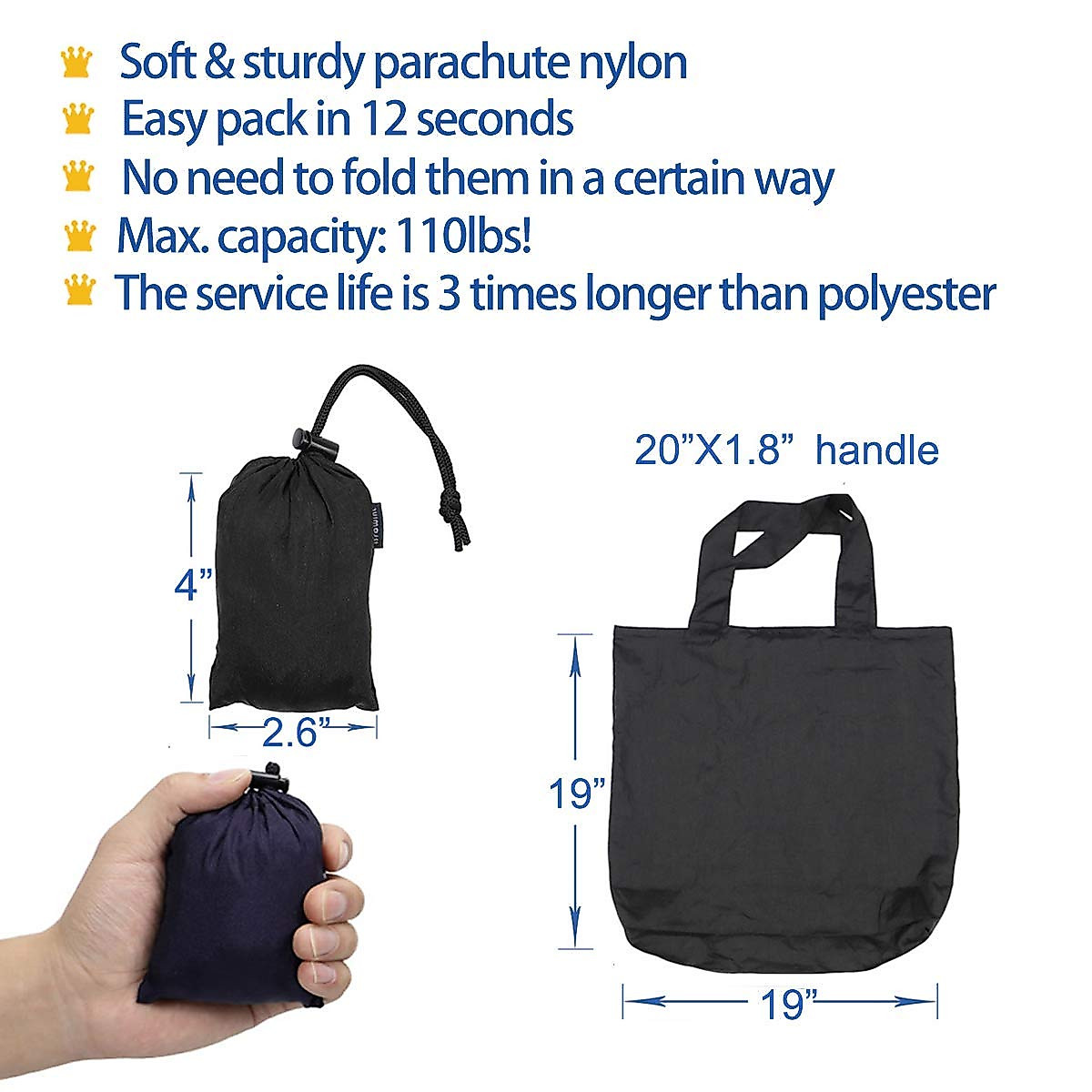 BROWINT Nylon Reusable Grocery Bag (3 pack), Nylon Heavy Duty Tote Bags 110 lbs, 19"x 19" Large Shopping bag, Foldable