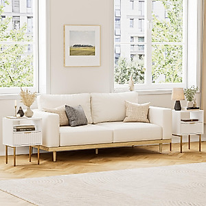 Masupu Nightstand,Mid-Century Modern Bedside Table with Storage Drawer and Open Wood Shelf,Small Gold Frame Side Table for Bedroom,Living Room,White