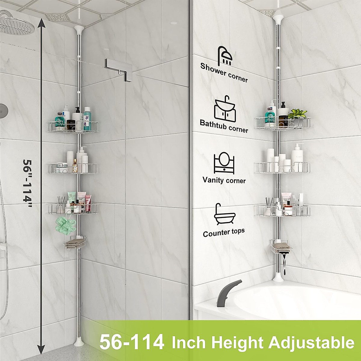 Shower Caddy Corner Tension Pole,Stainless Steel Adjustable Floor to Ceiling Corner Shower Caddy Stand for Bath Inside Shower Organizer Storage with Tension Pole,Rust-Resistant, 54 to 125 Inch