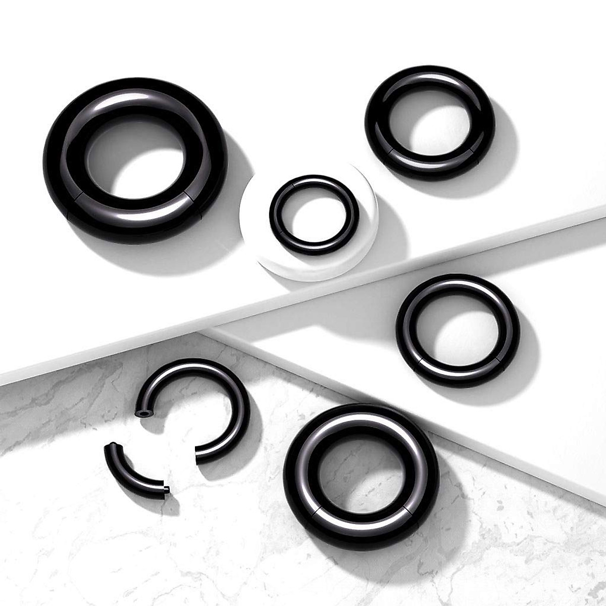 Luxe Modz BodyJewelryOnline PAIR of Black Acrylic Segment Rings, Captive Bead, 8 Gauge (1/2” 16mm) Thickness, Hypoallergenic, Nickel-Free, Stylish, Super LightWeight