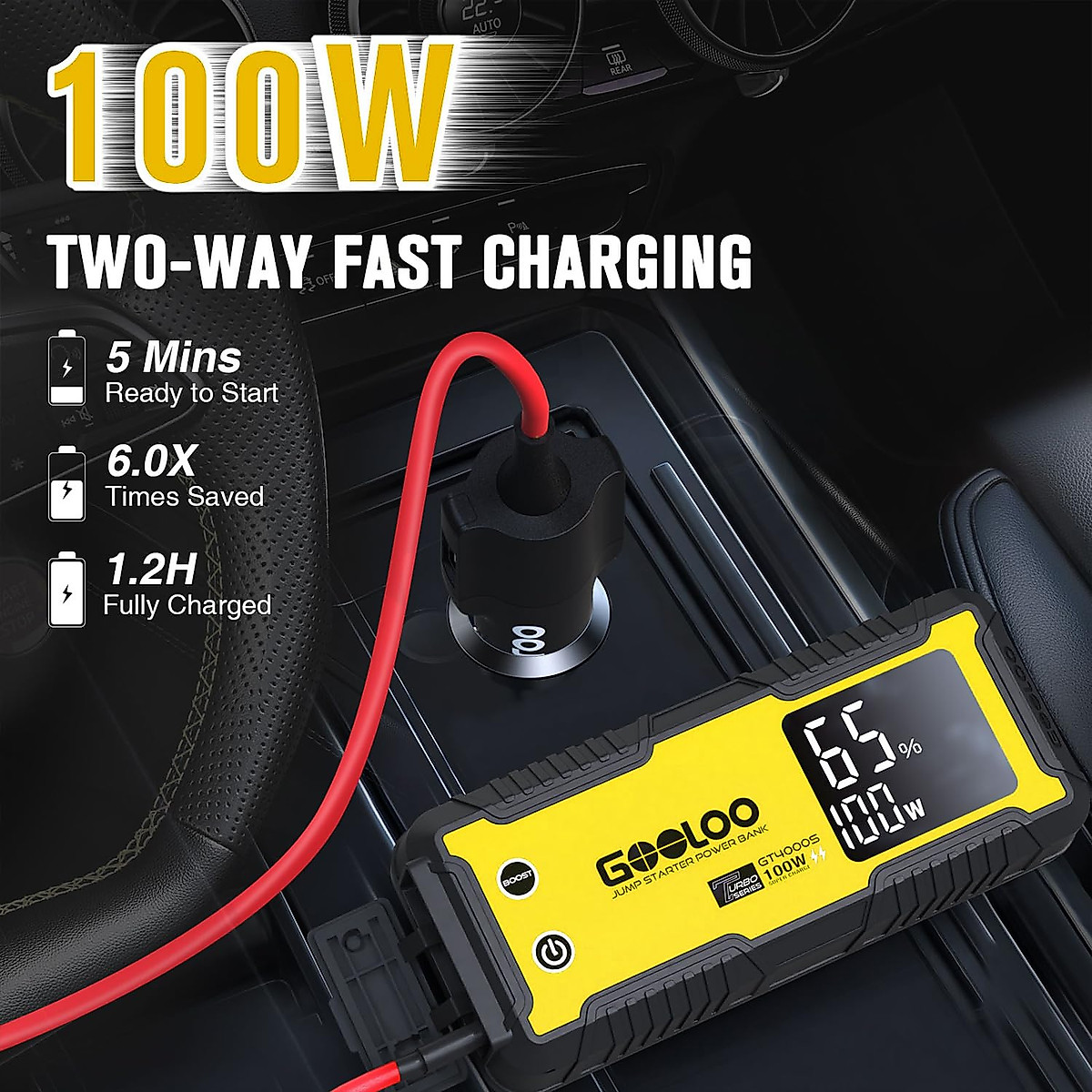 GOOLOO GT4000S Jump Starter 4000A Car Jumper Starter (Up to 10L Diesel 12L Gas Engines), 100W Fast-Charging Lithium Jump Box, SuperSafe Portable Car Battery Charger Power Bank for 12V Vehicles, Yellow