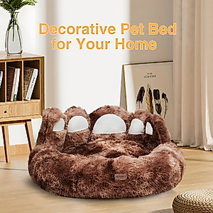 PETART Cute Dog Bed, Fluffy Cozy Bear Paw Shape Plush Round Cat Bed for Small, Medium Dogs & Large Cats,Comfortable Sleeping Puppy Cushion, Ideal for Indoor Use（Black&Coffee,18inch
