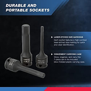 NEIKO 01131B 3/8-Inch-Drive Allen Socket Set, 3-Inch Length, 3/8-Inch Impact Hex-Bit Socket Set, SAE Hex Driver 3/16" to 1/2", CrMo Steel, Impact-Grade, 7-Piece Set