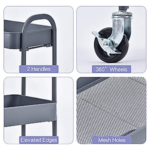 TOOLF 3 Tier Rolling Cart, Metal Utility Cart No Screw, Easy Assemble Utility Serving Cart, Sturdy Storage Trolley with Handles & Lockable Wheels for Kitchen Garage Home Bedroom Bathroom, Grey