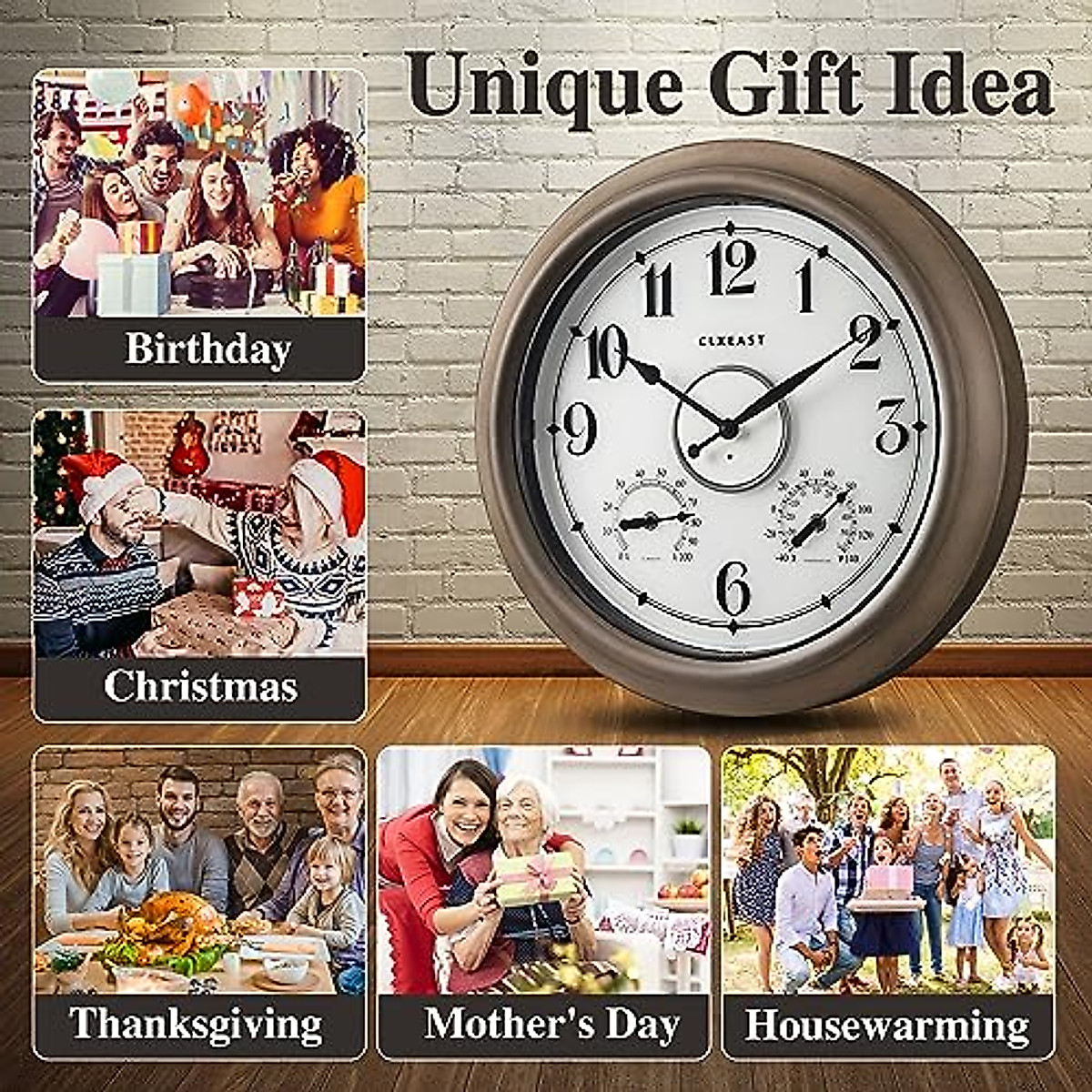 CLXEAST Illuminated Outdoor Clocks Waterproof 18 Inch with Smart Sensor,Large Outdoor Pool Clock with Temperature & Hygrometer,Wall Clock for Living Room Decor,Grey Oak/Faux Barnwood