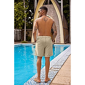 COOFANDY Men’s Linen Casual Shorts Classic Fit 7" Summer Beach Shorts Elastic Waistband with Pockets, Khaki, Medium