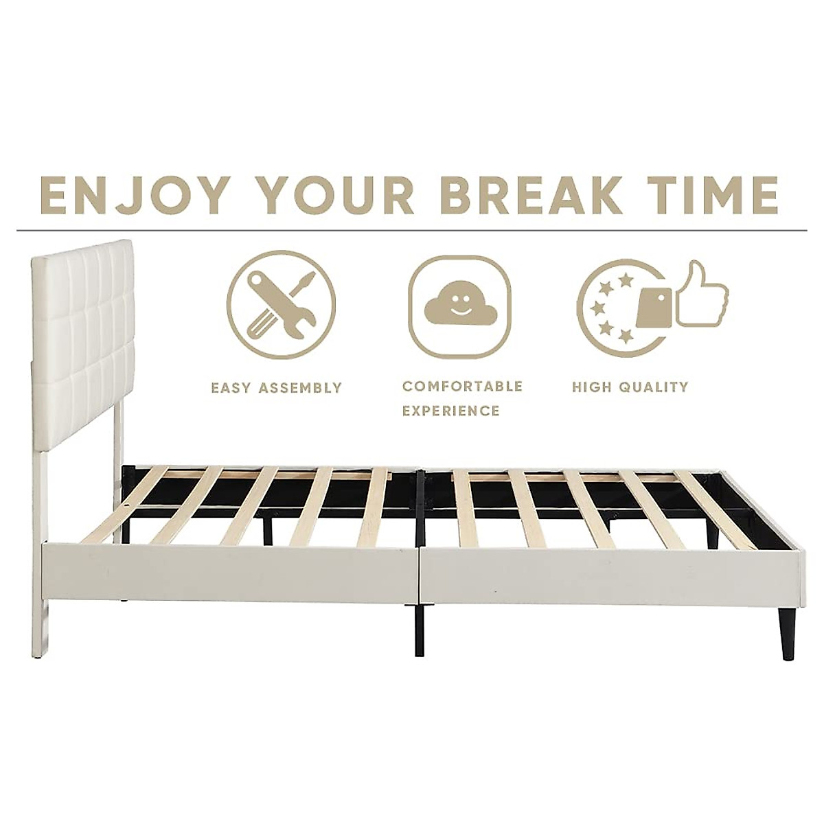 MWrouqfur Full Size Platform Bed Frame with Fabric Upholstered Headboard and Wooden Slats, No Box Spring Needed/Easy Assembly, Beige