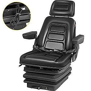 VEVOR Universal Tractor Suspension Seat, 35-170° Backrest Angle Adjustable Air Ride Seat Replacement w/Seat Belt & Safety Switch, Compatible with Forklift/Van/Mower, Black Vinyl
