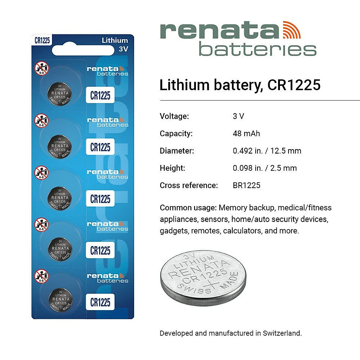 Renata CR1225 Batteries - 3V Lithium Coin Cell 1225 Battery (2 Count)