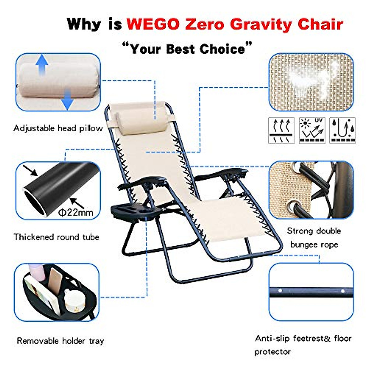WEGO Zero Gravity Chair, Lawn Chair Flolding Recliner Lounge Chair with Removable Pillow and Side Table,Beige