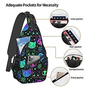 Cartoon Witchcraft Cat Skull Neon Colorful Sling Backpack Crossbody Sling Bag Travel Chest Daypack Hiking Shoulder Bag for Adult Women Men
