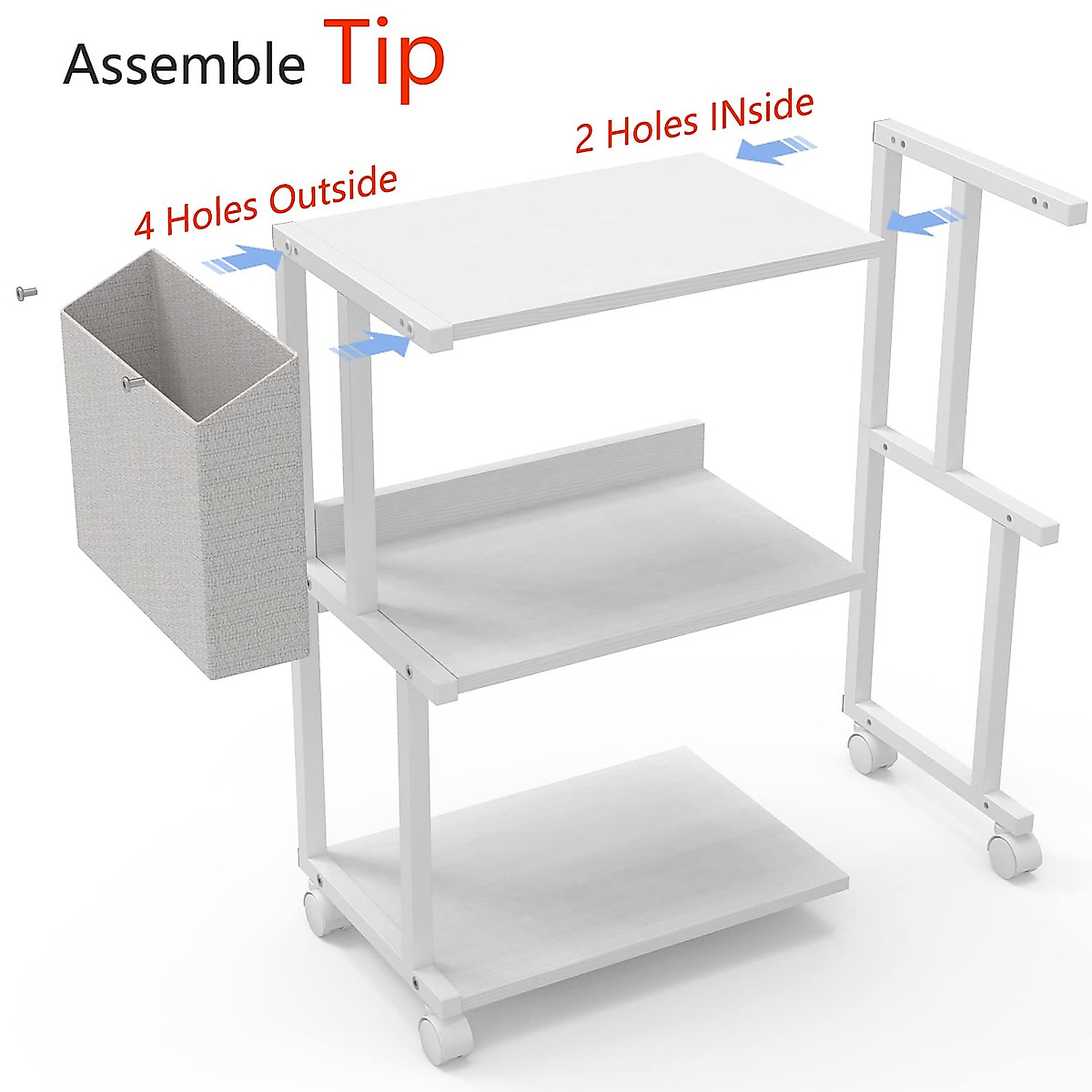 Ostreeful 3 Tier Printer Stand Modern White Printer Mobile Wooden Printer Shelf Table Organizer for Home Office Kitchen