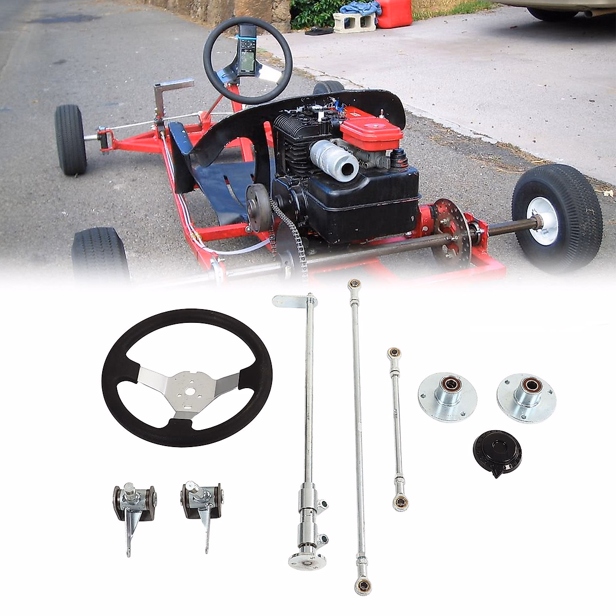300mm Steering Wheel Steel Kit, Karts Steering Wheel Kit Tie Rod Joint Gear Rack Shaft Kit for 100cc 125cc 140cc 150cc Kart Quad