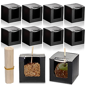 ZEAYEA 50 Pack Candy Apple Boxes with Hole and Sticks, 4" x 4" x 4" Caramel Apples Gift Box with Clear Window for Party, Wedding, Halloween, Thanksgiving, Carboard Treat Box for Candy Making