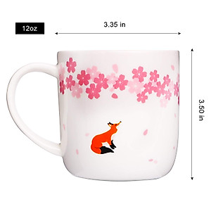 Teagas Elegant Pink Cherry Blossom Fox Ceramic Fox Coffee Mug Cup, Gift for Friend Teacher Cousin