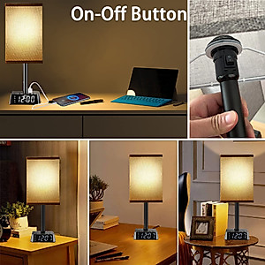 Table Lamp for Bedroom Nightstand - Bedside Lamp with Usb Charging Ports and Outlets,Touch Lamp with Clock, Modern Night Stand Lamps with Square Fabric Lampshade for Living Room(LED Bulb Included)