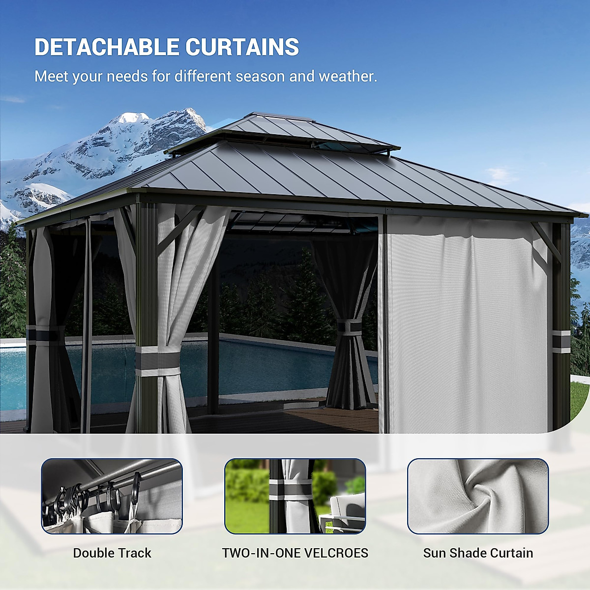Amopatio 12' X 14' Hardtop Gazebo Permanent Aluminum Gazebos with Galvanized Steel Double Roof for Patio Lawn and Garden，with Curtains & Mosquito Netting