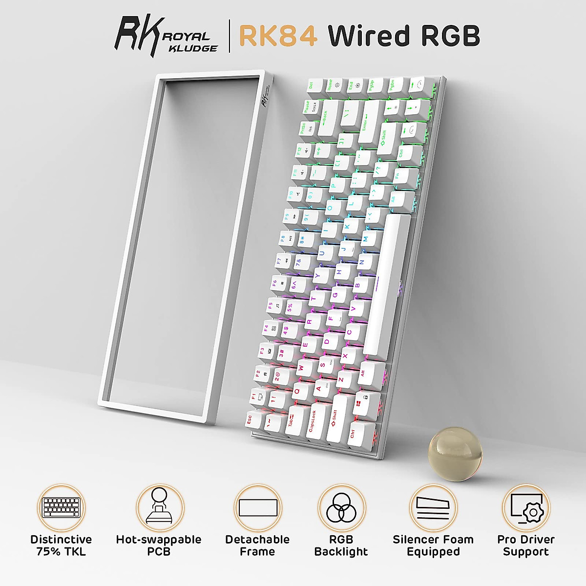RK ROYAL KLUDGE RK84 Wired RGB 75% Hot Swappable Mechanical Keyboard, 84 Keys Tenkeyless TKL Gaming Keyboard w/Programmable Software and High-Capacity Battery, RK Brown Switch