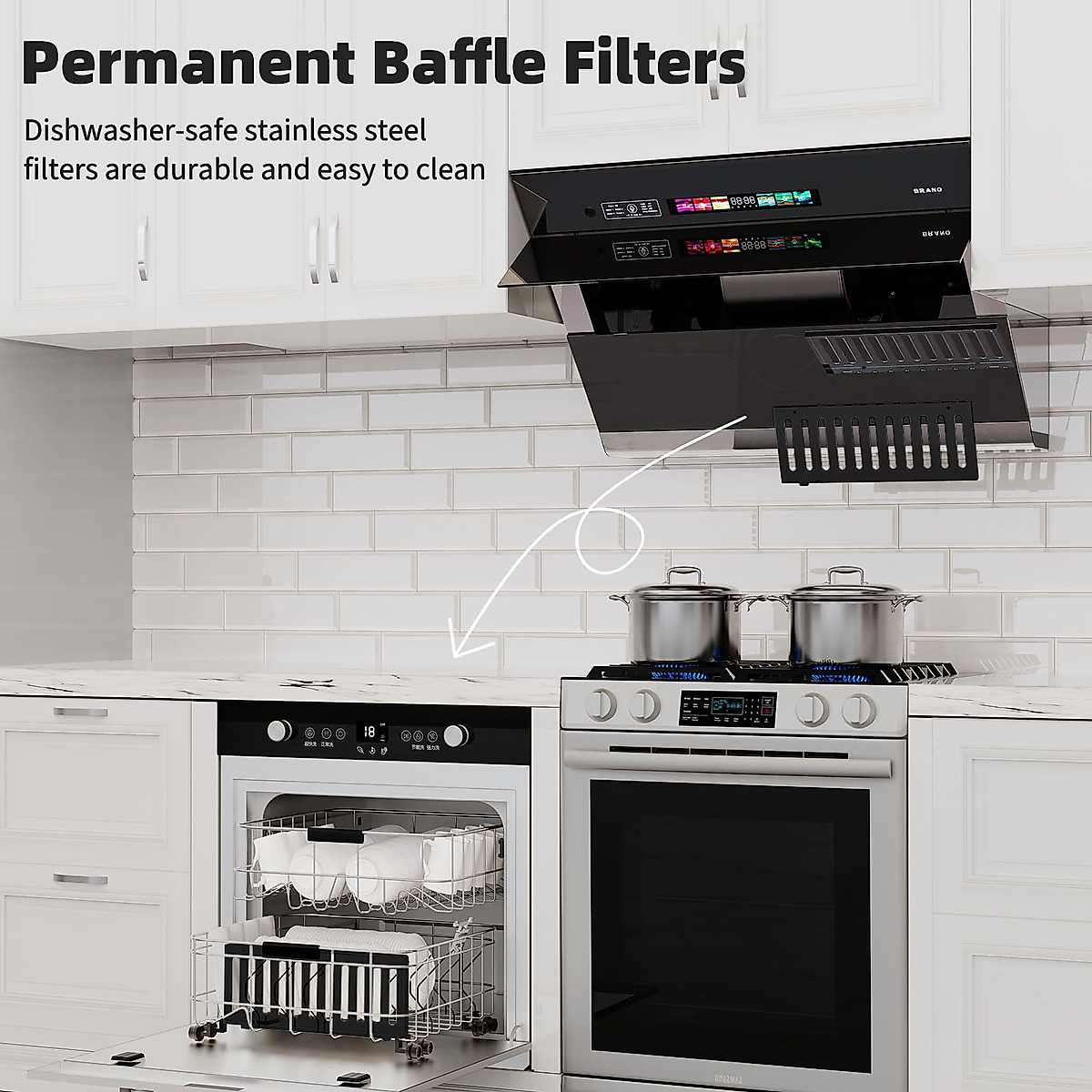 BRANO Range Hood 30 inch with 900CFM, Voice/Gesture Sensing/Touch Control Panel, Unique Side-Draft Design for Under Cabinet Modern Kitchen Hood, Ducted/Ductless Convertible