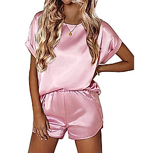 Ekouaer Women's Pajama Sets Casual Satin Pj Set 2 Piece Sleepwear Short Sleeve Silk Pajama(Navy Blue,Large)