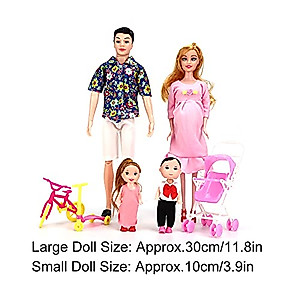 Vakitar Family Dolls Set of Dad Pregnant Mom Girl Boy Children Role Play House Toy Gift,for Home (Printed Blue T+Pregnant Powder)