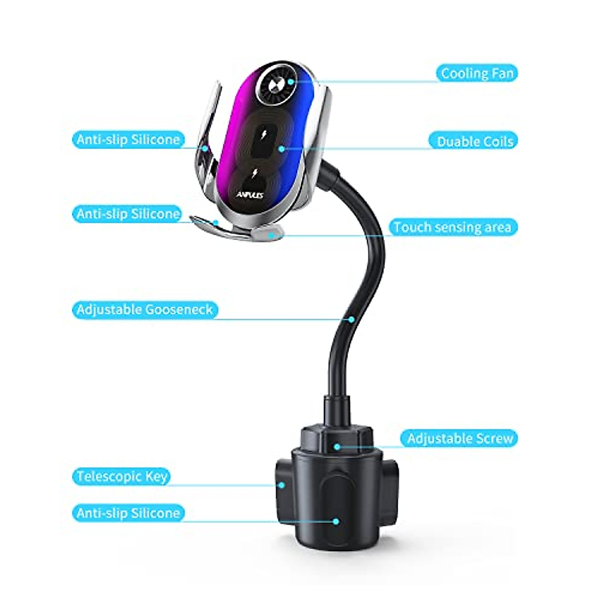 ANPULES Wireless Car Charger, Cooling Fan Wireless Charger Cup Holder for Tesla, Auto Clamping Car Charger Mount for iPhone14/ 13/12 Pro Max/11/10/8, Samsung Galaxy S/Note/FILP Series