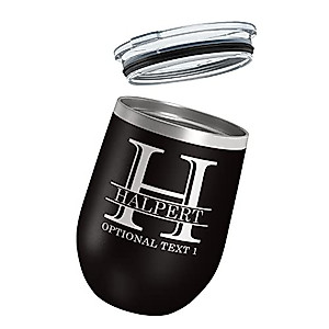 Personalized 12oz (17 Colors) Powder Coated Stainless Steel Stemless Wine Tumbler with Lid, Custom Etched, Customized Gift for Women Her, Wine Lover, Halpert Monogram Initial Name (Black)