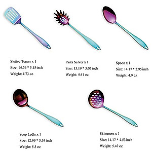 HOMQUEN Stainless Steel Kitchen Utensil Set - 5 Cooking Utensils, Rainbow Color Nonstick Kitchen Utensils Set, Colorful Titanium Plated Set Kitchen Tools Gadgets