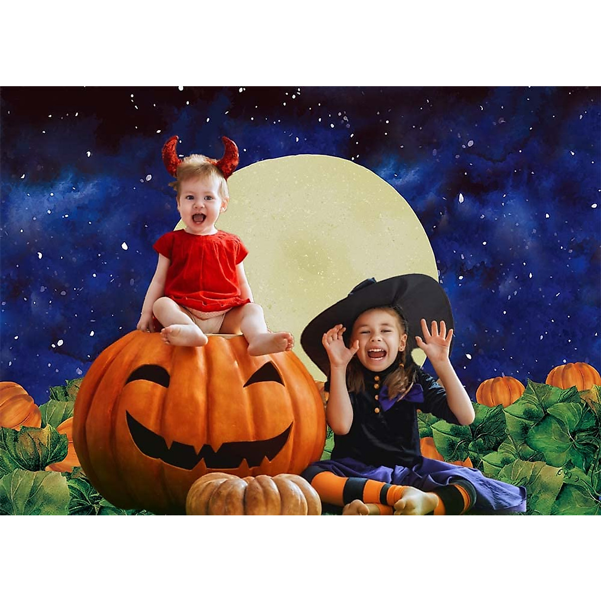 8x6ft Halloween Pumpkin Field Photography Backdrop Starry Sky Night Moon Halloween Background for Kids Baby Shower Birthday Party Autumn Banner Photo Booth, 8x6ft(240x180cm)