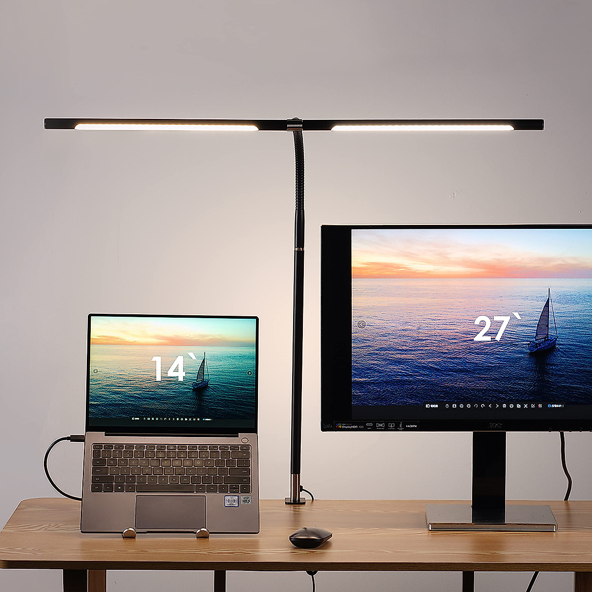 DELIZIO Desk Lamp 34.25in, Architect Lamp for Home Office, 21W Clamp Lamp ,3 Color Modes Stepless Dimming, Modern Eye-Caring Office Light ,Three Head Work Lamp with Remote Control Workbench Lamp