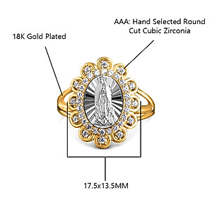 Savlano 18K Yellow & White Gold Plated Oval Lady of Guadalupe Virgin Mary with Round Cut Cubic Zirconia Women Religious Floral Ring (8)