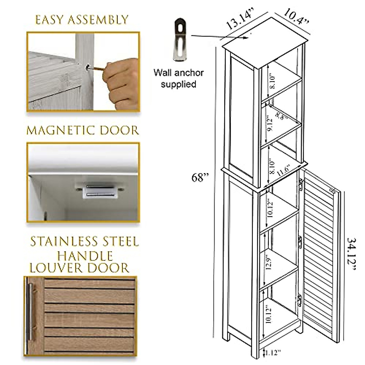 EVIDECO Bathroom Linen Tower Cabinet Stockholm 1 Door 5 Shelves Wood Oak-Colored
