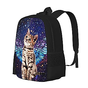 FREE LION Kids Cat Backpack for Boys Girls Cute Little Kitten with Angel Wings in Galaxy Bookbags Elementary Middle High School Bag Large Capacity 17 inch Big Student Backpack for School & Travel