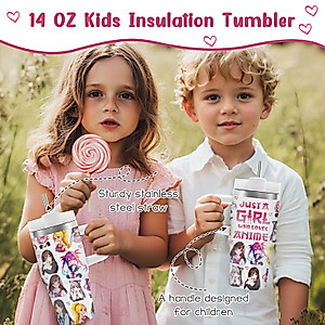 Anime Gifts for Girls, 14oz Anime Tumbler with Handle and Straw for Kids, Stainless Steel Insulated Anime Mug, Birthday Gifts for Anime Lovers, Just A Girl Who Loves Anime