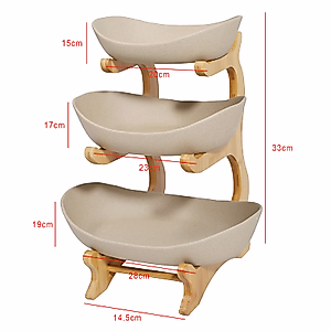 OCASAMI 3 Tier Fruit Bowl for Kitchen Counter, Brown Ceramic Fruit Basket for Kitchen, Oval Fruit Bowl Set with Bamboo Wood Holder, Serving Bowls Fruit Tray Snacks Nuts Bread Candy Storage