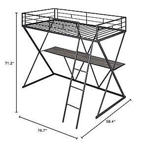 ATY Metal Loft Bed with Wood Desk and Ladder, X-Shaped Twin Size Bedframe w/Full-Length Guardrails, for Kids Teens Adults, Bedroom Furniture, Black