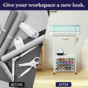 CRUDATE Organizers and Storage Compatible with Cricut Machines, Rolling Craft Storage Cart with Drawer, Craft Table with Vinyl Roll Holders, Crafting Table Organization Workstation with Wheels, White