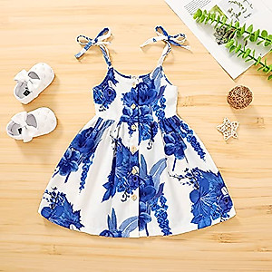 YOUNGER TREE 1-5T Toddler Kids Girls Summer Dress Sling Blue Floral Casual Dress Pattern Girls Party Dress Sleeveless (12-18 Months, Blue Flora Strap Dress, 12_Months)