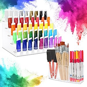 CraftyBook 5-Tiered Art Supply Storage Organizer with Paint Brush Holder - Clear Acrylic Tabletop Gel Polish Paint Storage Step Shelf - Acrylic Nail Polish Organizer Shelf for Hobby and Model Paint